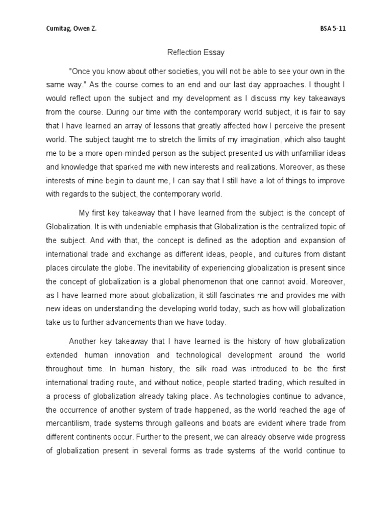 Reflection Essay - The Contemporary World | PDF | Internationalism ...