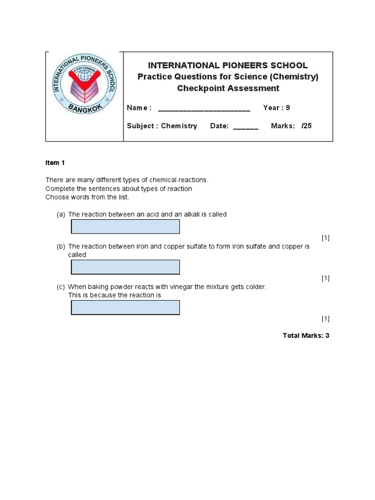 Practice Questions For Science (Chemistry) Checkpoint Assessment | PDF ...