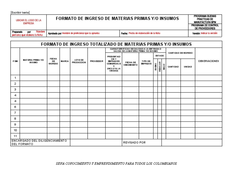 Anexo 3 Formato de Ingreso de Materias Primas | PDF | Economias