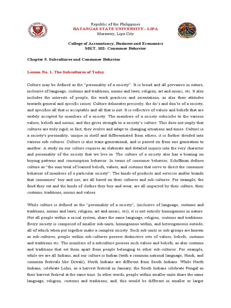 Chapter 5 Subcultures And Consumer Behavior Pdf Consumer Behaviour