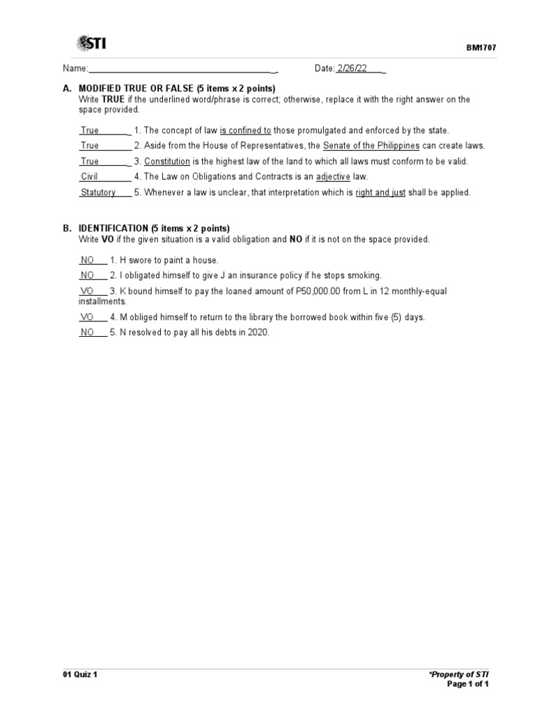 A. MODIFIED TRUE OR FALSE (5 Items X 2 Points) : Property of STI | PDF