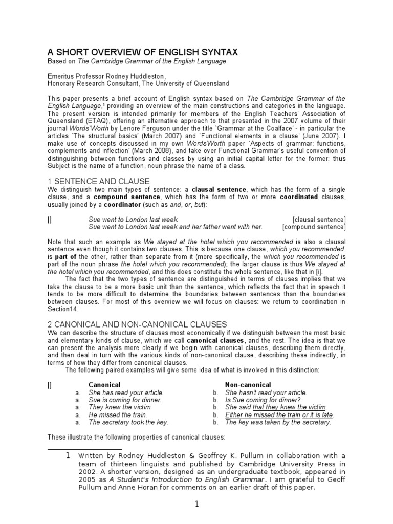 A Short Overview of English Syntax: 1 Sentence and Clause | PDF | Verb ...