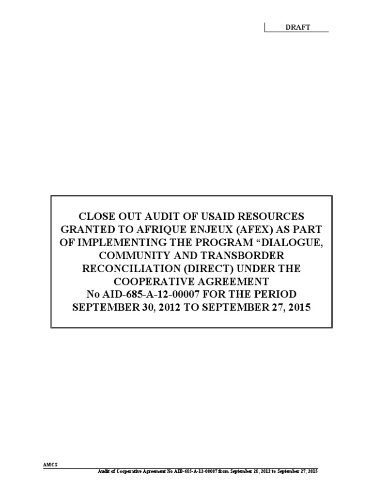 Draft Close Out Audit of Usaid Resources Granted To Afrique Enjeux ...