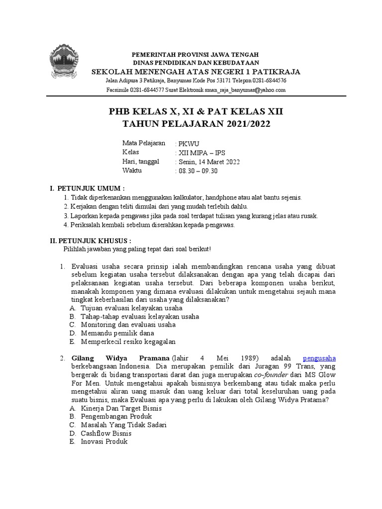 Soal Pat Pkwu Kelas Xii | PDF