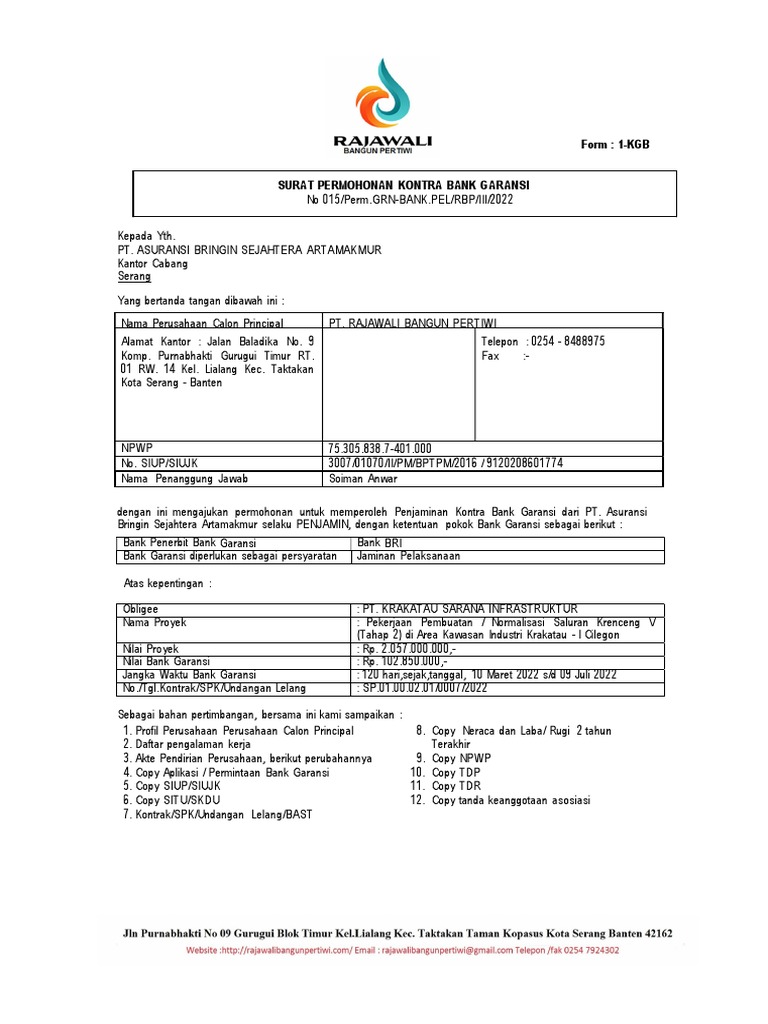 Form 1 - KGB (SURAT PERMOHONAN KONTRA GARANSI BANK) | PDF