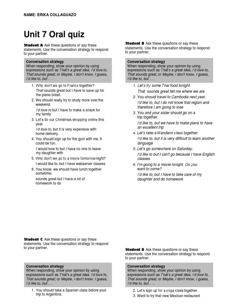 Oral Quiz Unit 7 | PDF