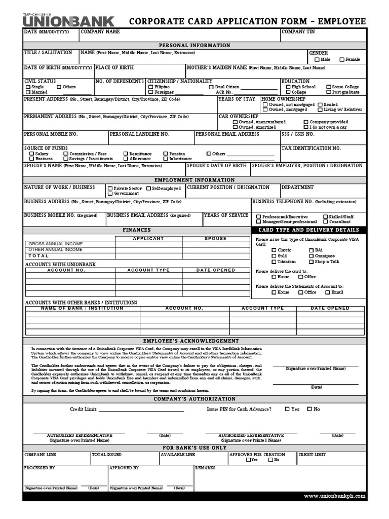 UBP Corporate Card Application - Employee - New Fillable | PDF | Debit ...
