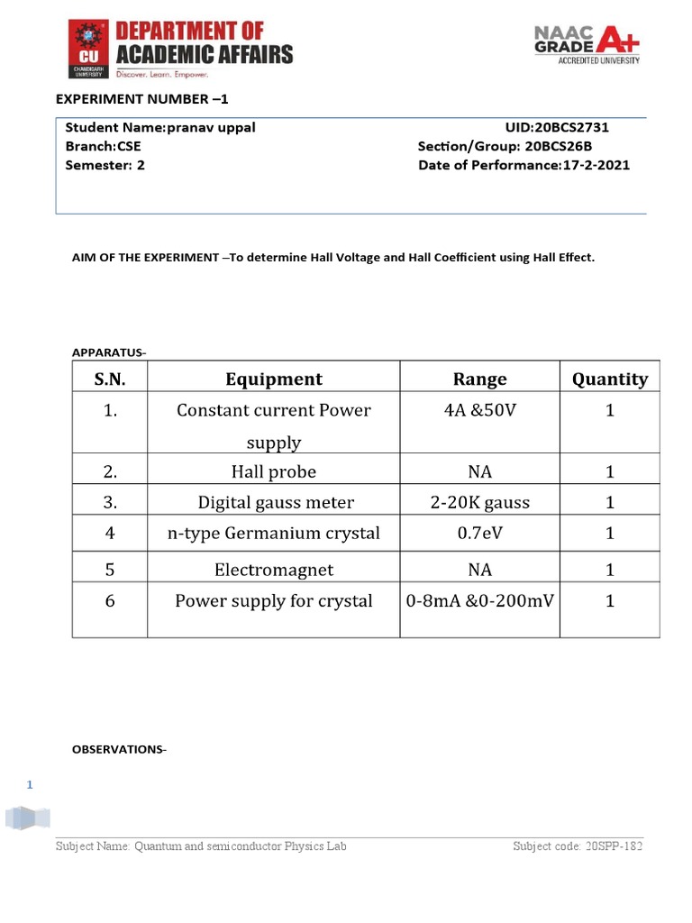 Worksheet 1 QUANTUM AND SEMICONDUCTOR PHYSICS LAB | PDF | Physics ...
