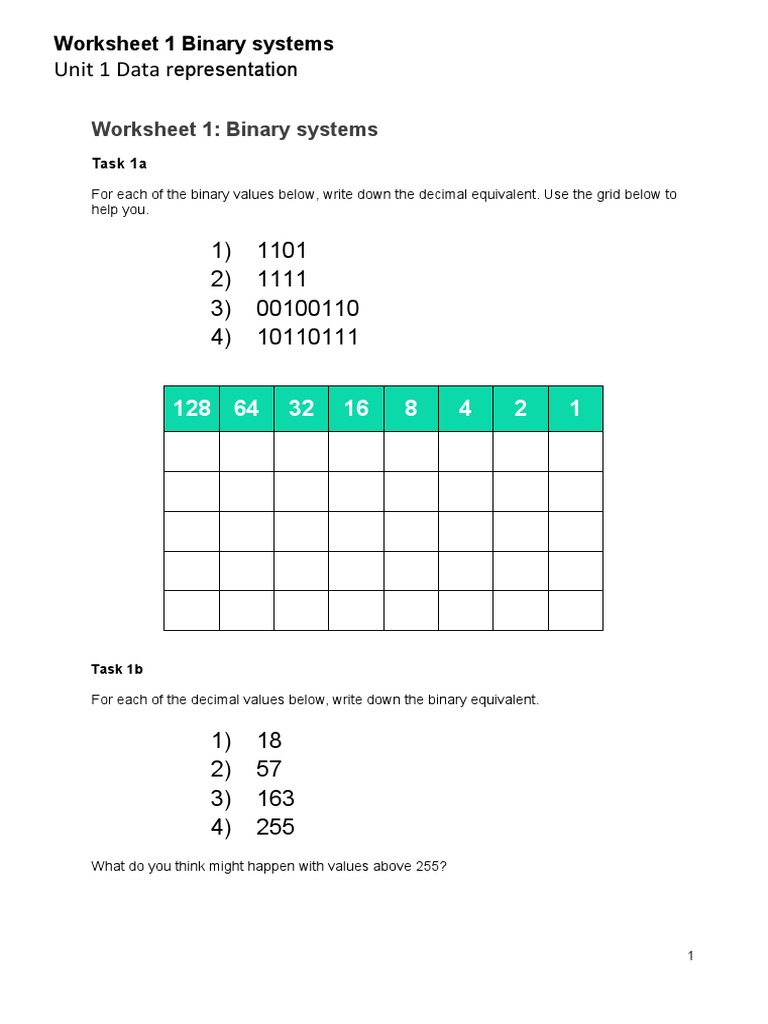 Data Representation Worksheet 1 Binary Systems | PDF | Decimal | Worksheet