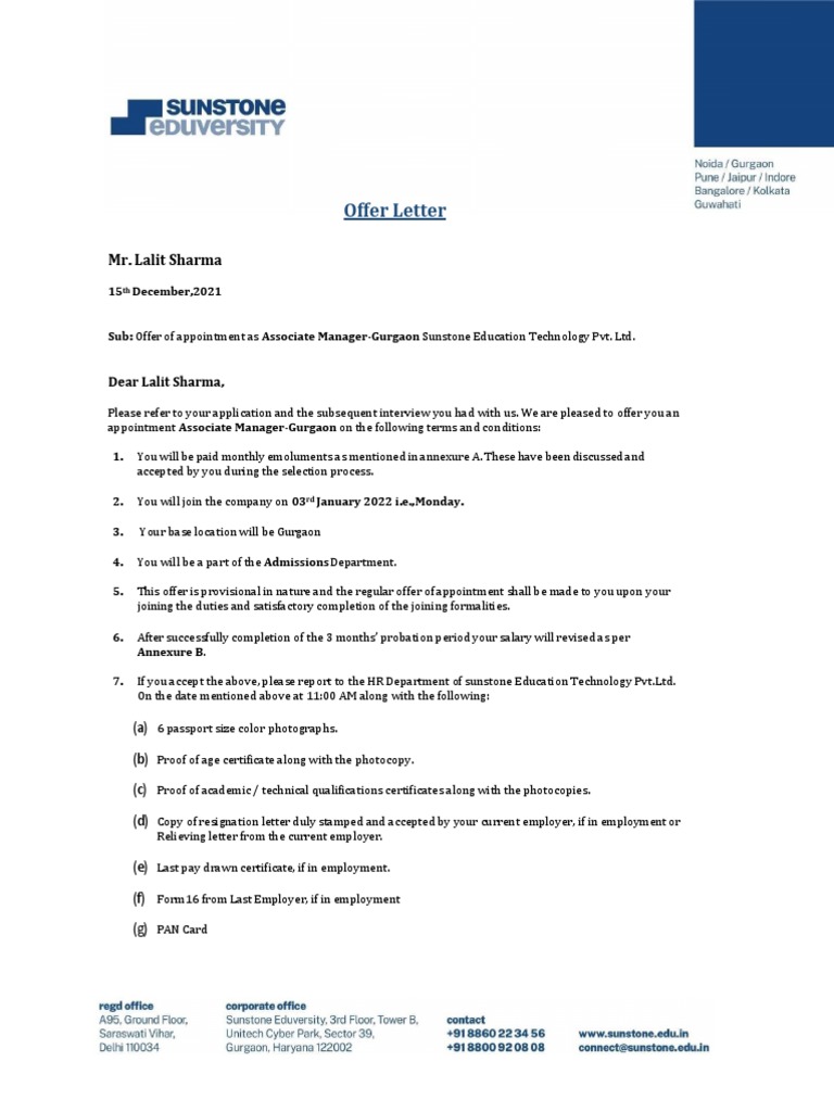 Offer Letter: Mr. Lalit Sharma | PDF
