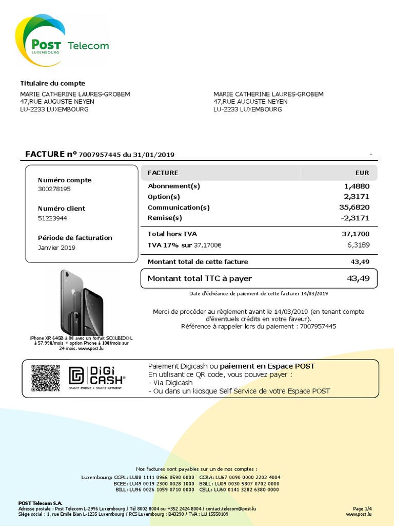 Facture POST Telecom - Janvier 2019 | PDF