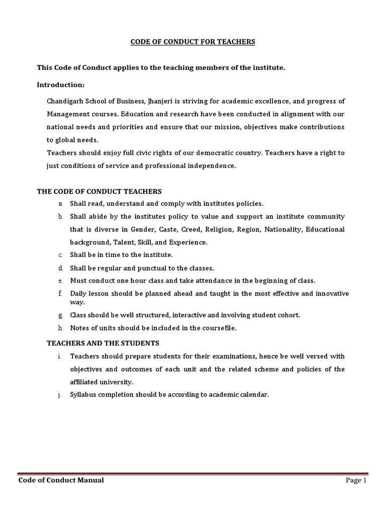 Teacher Code of Conduct Manual | PDF | Career & Growth | Business