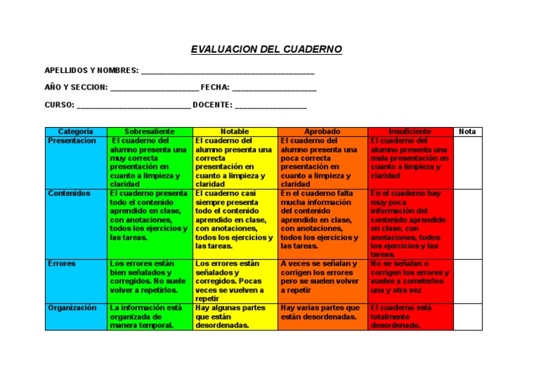 Rubrica para Evaluar Cuadernos 2 | PDF | Cuaderno | Evaluación