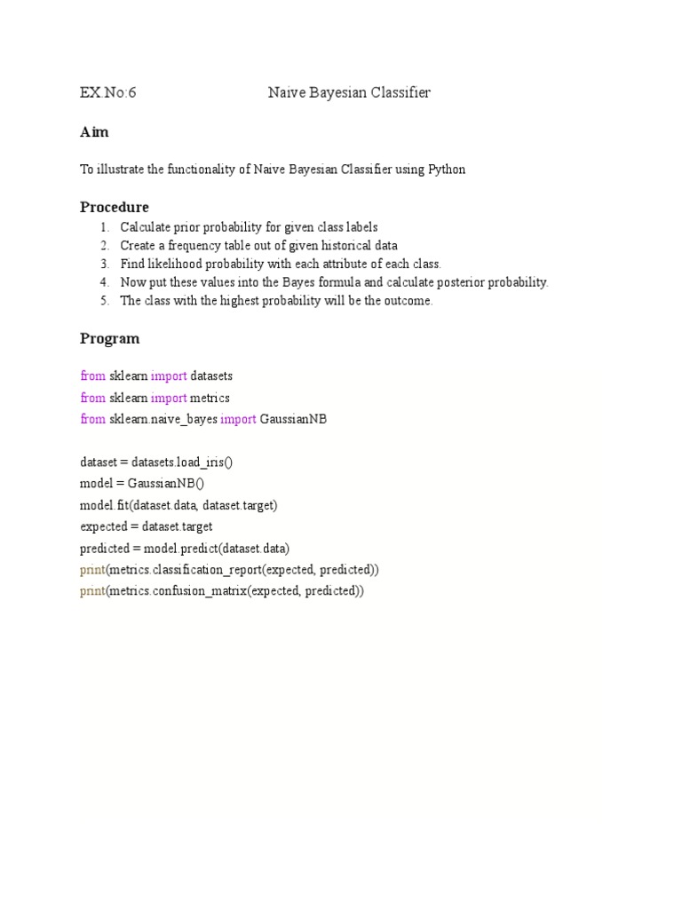 EX - No:6 Naive Bayesian Classifier | PDF | Teaching Methods & Materials