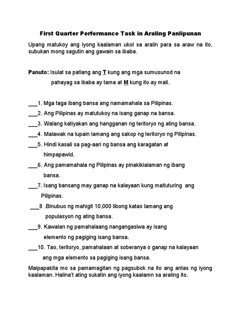 First Quarter Performance Task in Araling Panlipunan | PDF