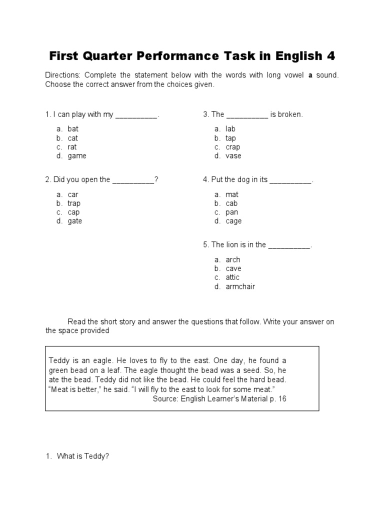 First Quarter Performance Task in English 4 | PDF | Mouse