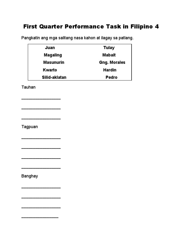 First Quarter Performance Task in Filipino 4 | PDF