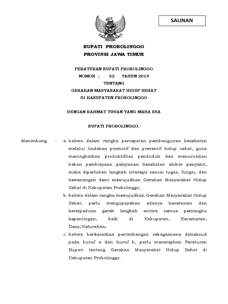 Contoh Perbup. No 52 TH 2019 TTTG Germas Kab. Prob | PDF