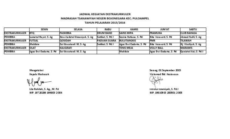 Jadwal Eskul 2015 - 2016 | PDF
