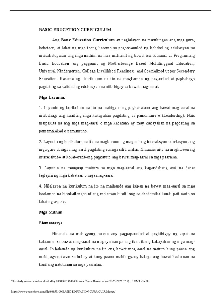 Basic Education Curriculum | PDF