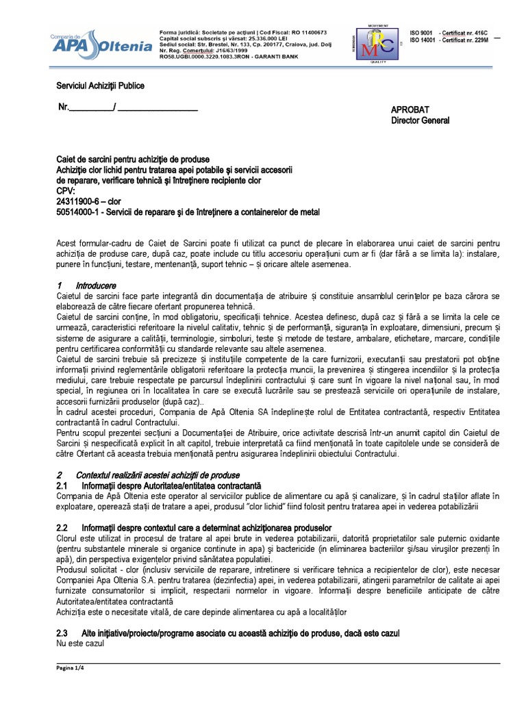 07P.A.2022 - Caiet Sarcini Clor Lichid | PDF