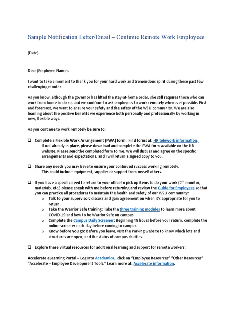 Sample Notification Letter/Email - Continue Remote Work Employees | PDF ...
