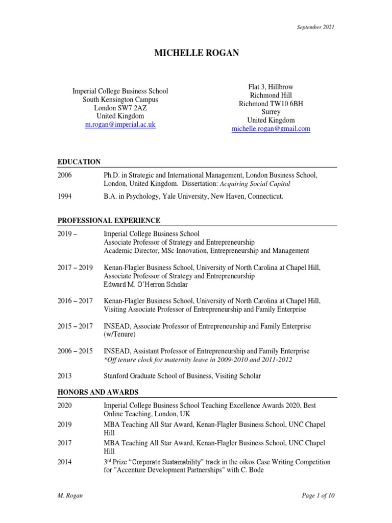Rogan Michelle CV Sept2021 | PDF | Entrepreneurship | Master Of ...