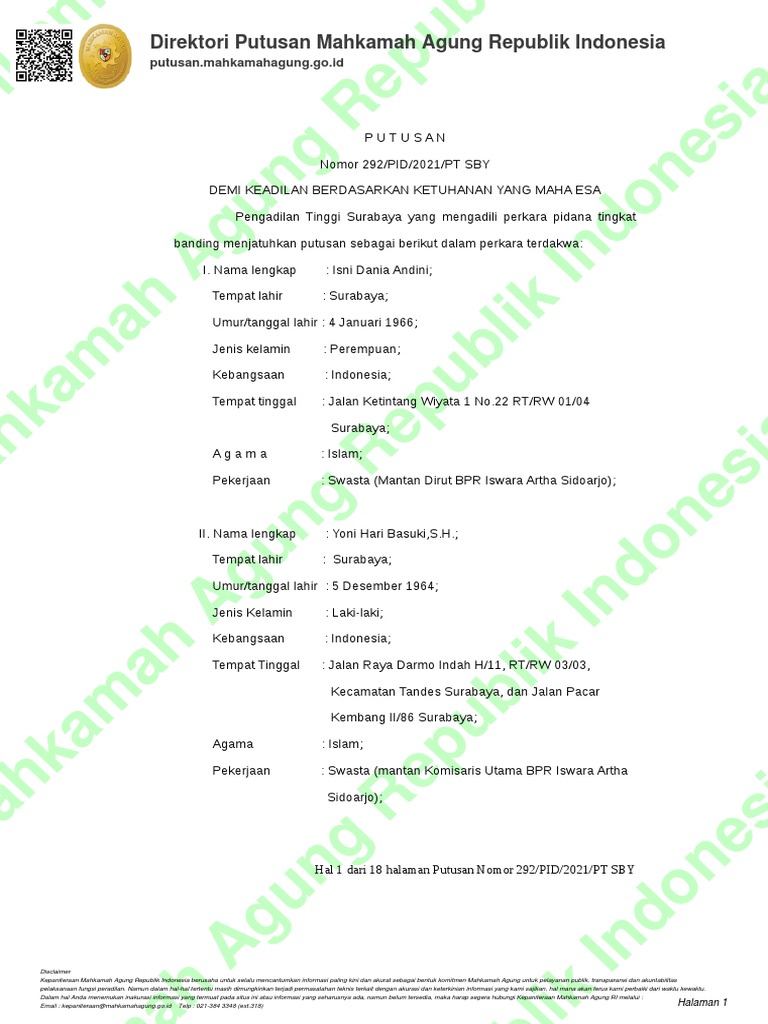 Putusan 292 Pid - Sus 2021 PT Sby 20210805 | PDF