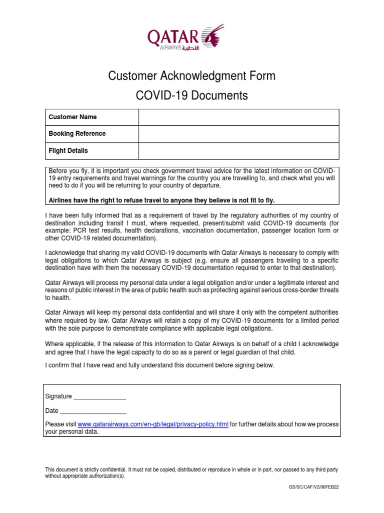 Customer Acknowledgment Form COVID-19 Documents: Customer Name Booking ...