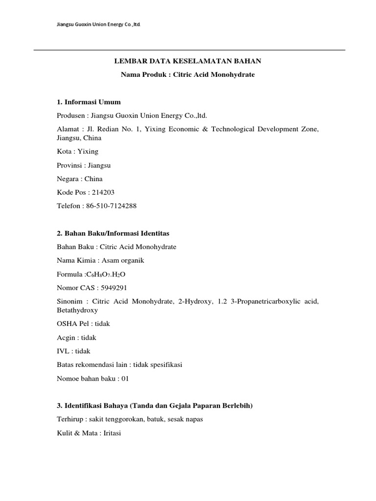 MSDS Citric Acid MonoHydrate | PDF