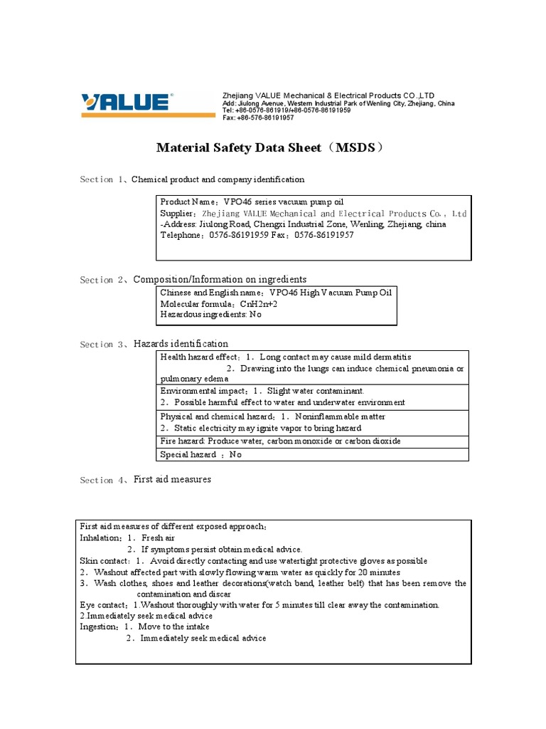 Material Safety Data Sheet for VPO46 Series Vacuum Pump Oil | PDF ...
