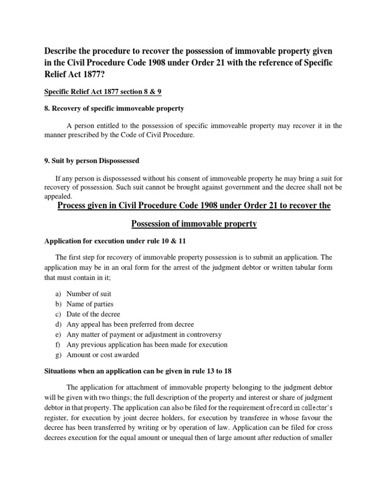 Procedure for Recovery of Possession of Immovable Property Under Order ...