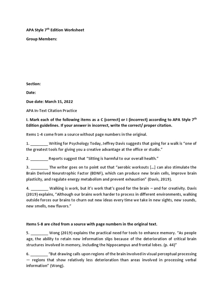 APA Style 7th Edition Worksheet | PDF