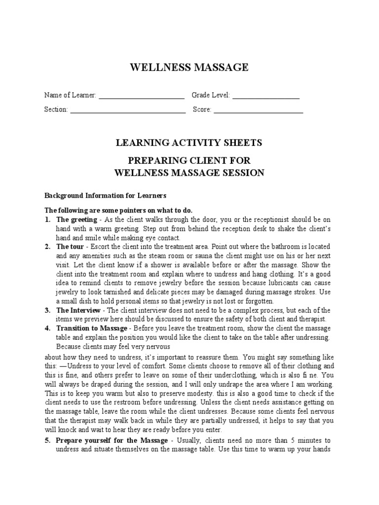 PREPARING CLIENT FOR Wellness Massage Session | PDF | Massage | Spa