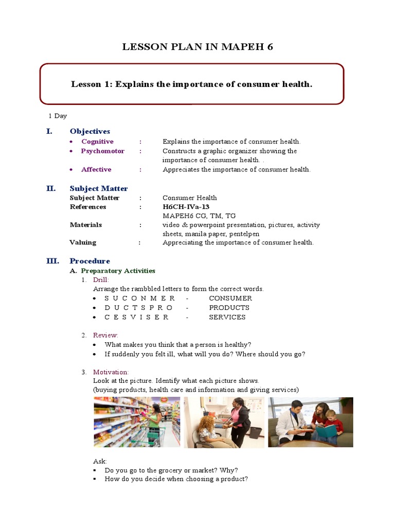 Lesson Plan in Mapeh 6: Lesson 1: Explains The Importance of Consumer ...