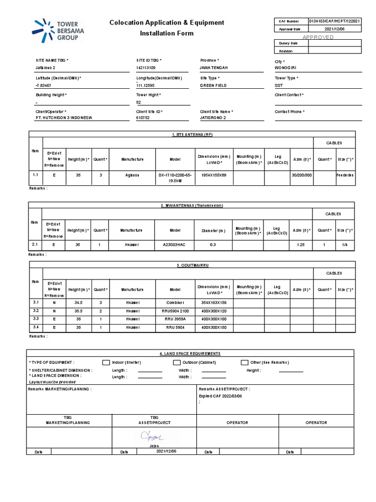 Colocation Application & Equipment Installation Form: Approved | PDF ...