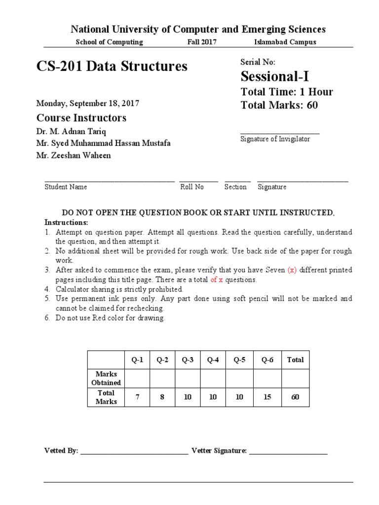 Sessional-I CS-201 Data Structures: Total Time: 1 Hour Total Marks: 60 Course Instructors | PDF ...