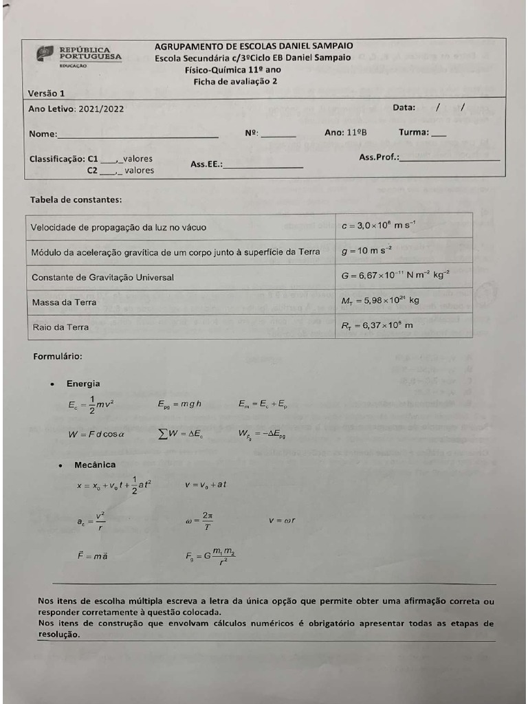 Teste FQ 11 Ano | PDF