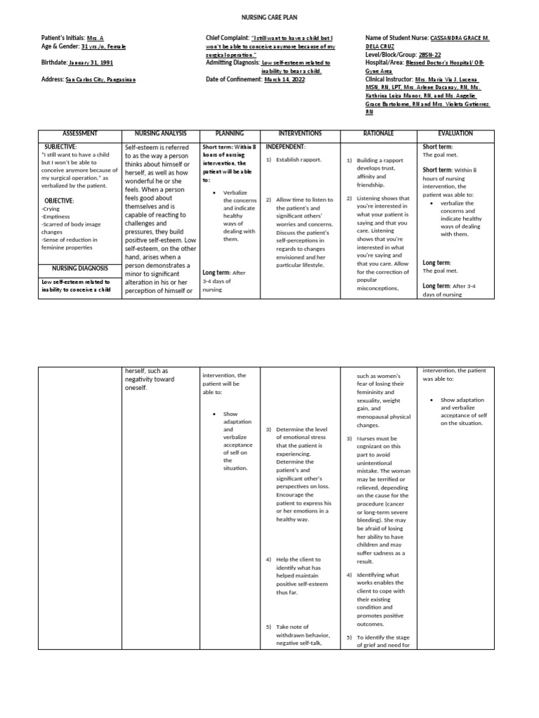 Nursing Care Plan: Low Self-Esteem | PDF | Self Esteem | Nursing