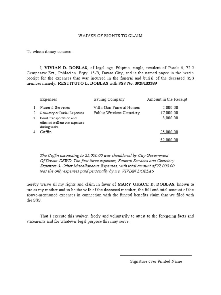 Cemetery or Burial Expenses 3. Food, Transportation and Other ...