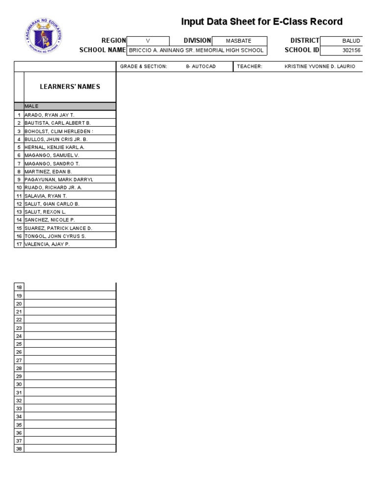 Input Data Sheet For E-Class Record: Region Division District School ...
