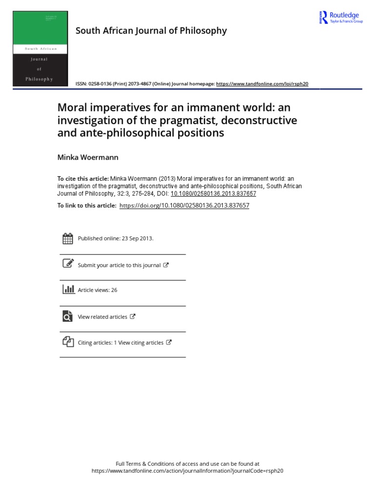 Moral Imperatives For An Immanent World Woermann 2013 | PDF ...