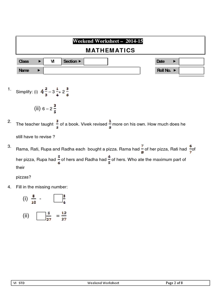 CBSE Class 6 Fractions Worksheet | PDF