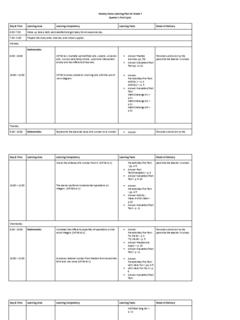 Weekly Home Learning Plan For Grade 7 Quarter 1 First Cycle Day & Time ...