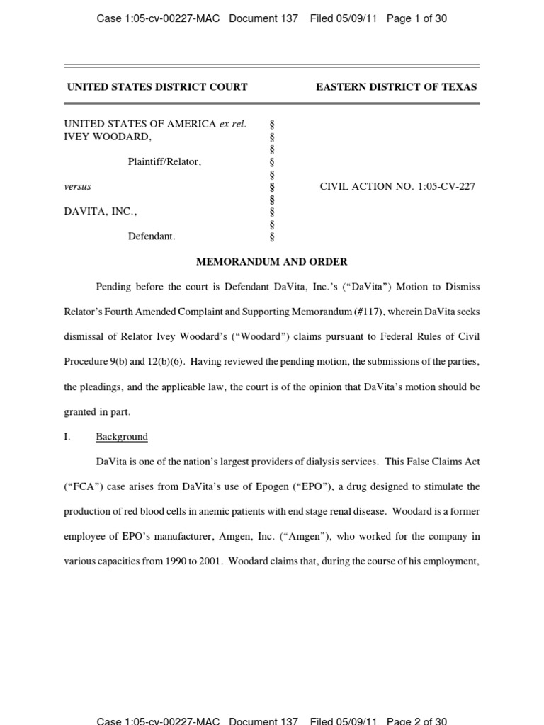 Order Denying Motion To Dismiss-1 | PDF | False Claims Act | Complaint