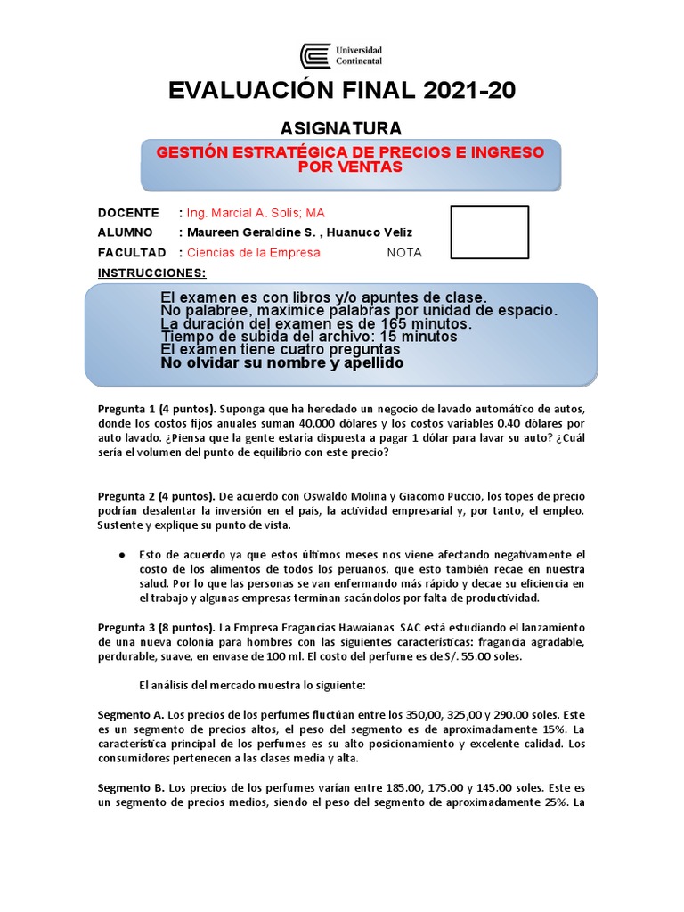 Evaluación Final: Gestión de Precios 2021-20 | PDF | Perfume | Margen bruto