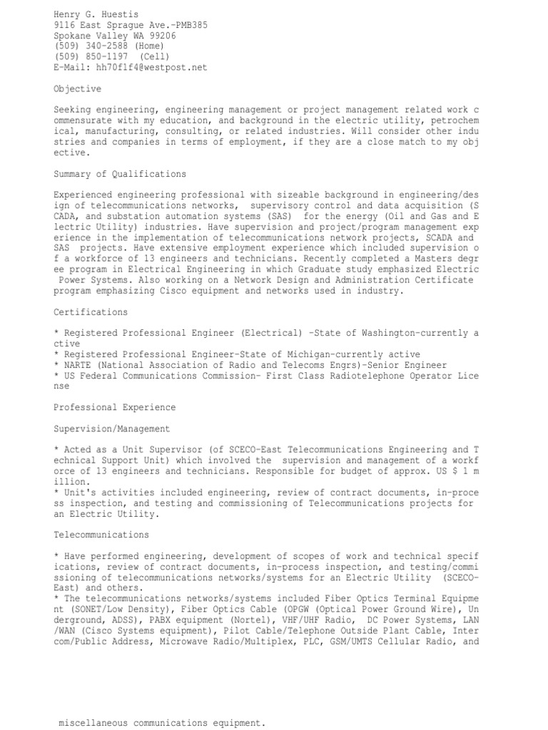 Electrical Engineer in Telecommunications | PDF | Scada | Electrical ...