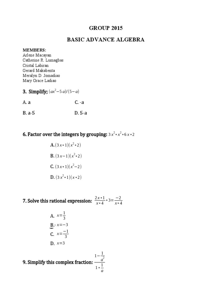 GROUP 2015 Basic Advance Algebra: 3. Simplify A. A C. - A B. A-5 D. 5-A ...