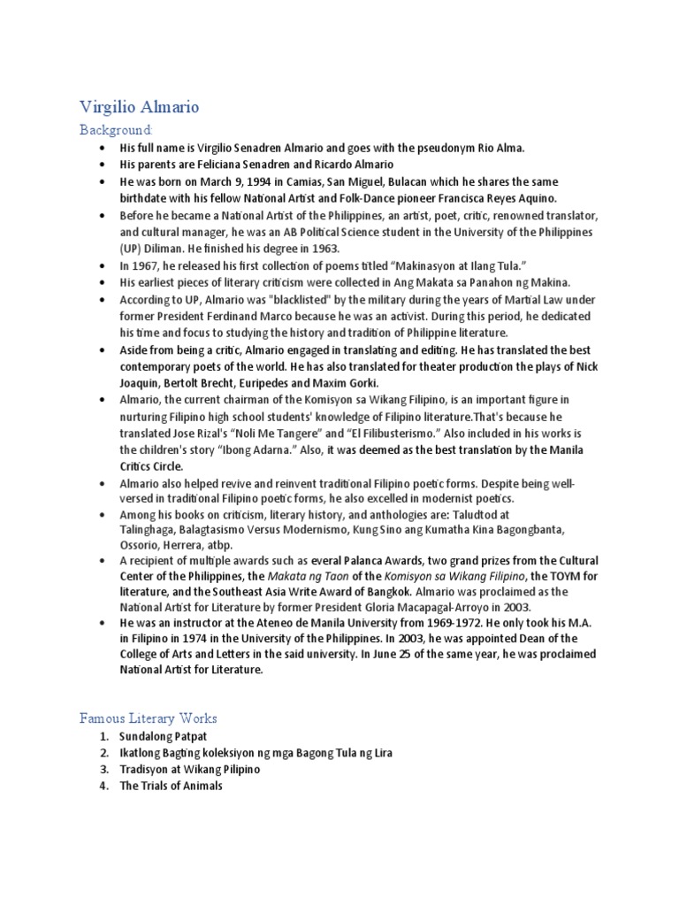 Virgilio Almario: Background | PDF | Philippines | Southeast Asia