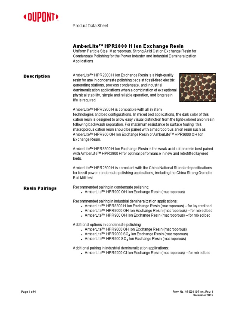Amberlite™ Hpr2800 H Ion Exchange Resin: Product Data Sheet | Download Free PDF | Ion Exchange | Ion